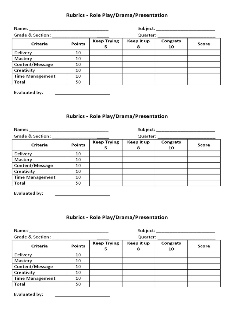 Rubrics - Role Play/Drama/Presentation: Criteria Points Keep Trying 5 ...