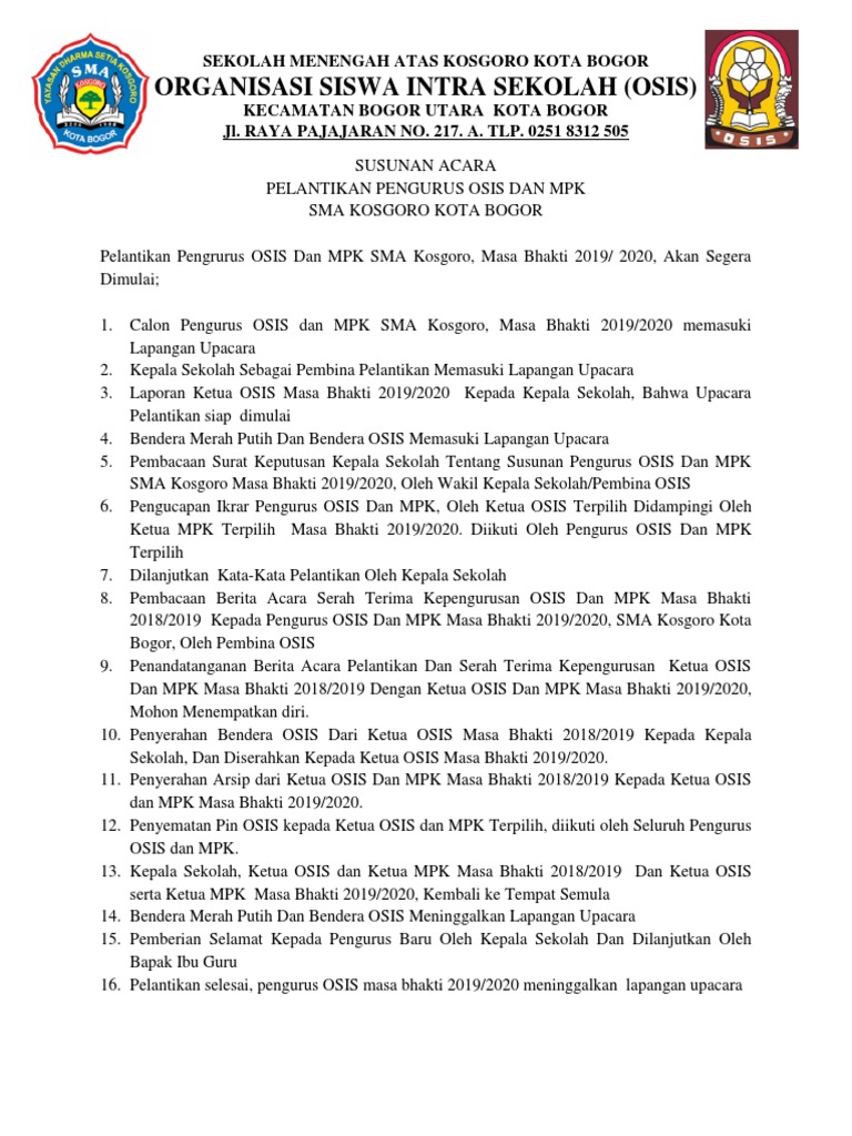 Susunan Acara Pelantikan Osis Dan MPK | PDF