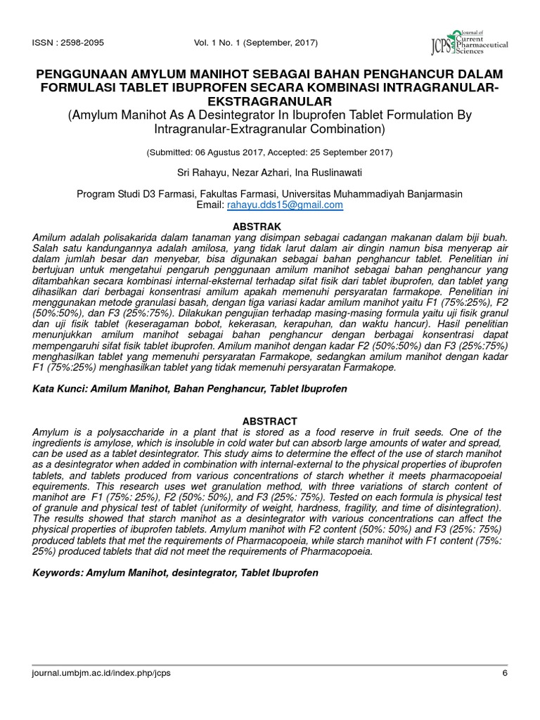 Amylum Manihot As A Desintegrator in Ibuprofen Tablet Formulation by ...