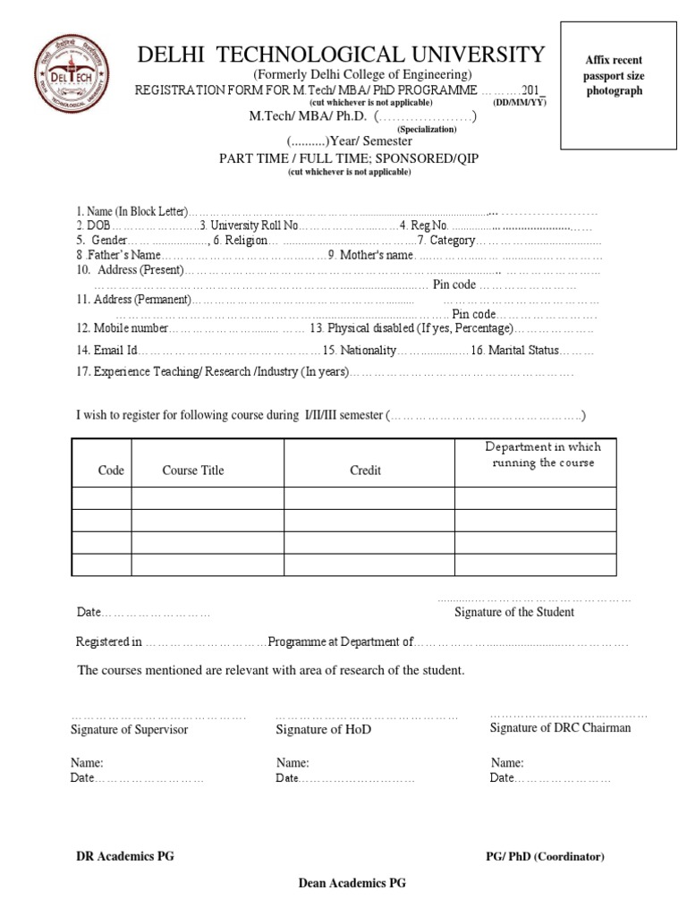 DTU Registration Form for M.Tech/MBA/PhD Program | PDF | Academia