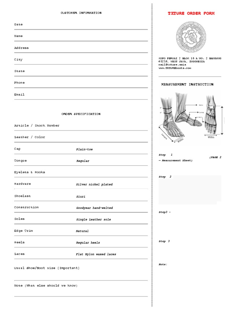 Txture Order Form: Customer Information | PDF | Shoe | Foot