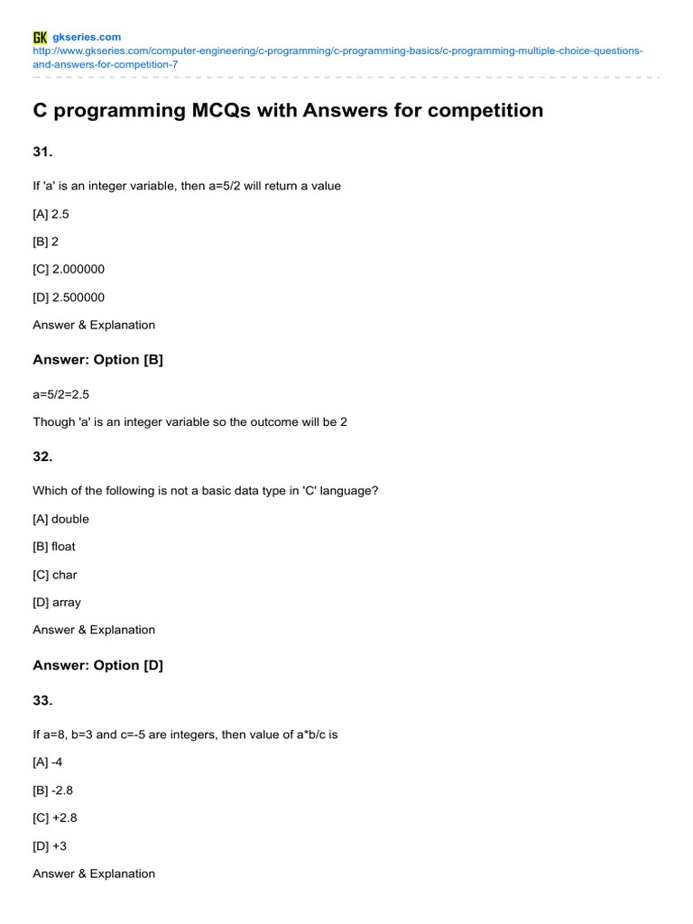 C Programming MCQs and Answers for Competitions | PDF