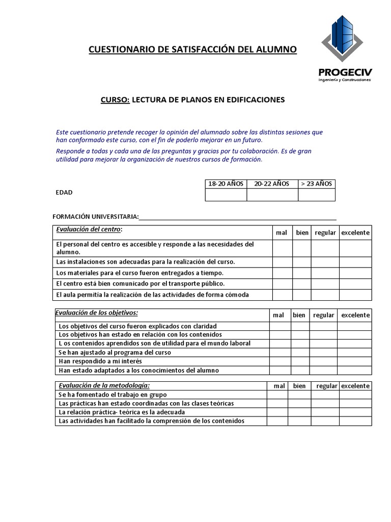 Cuestionario De Satisfacción Del Alumno: Curso: Lectura De Planos En ...