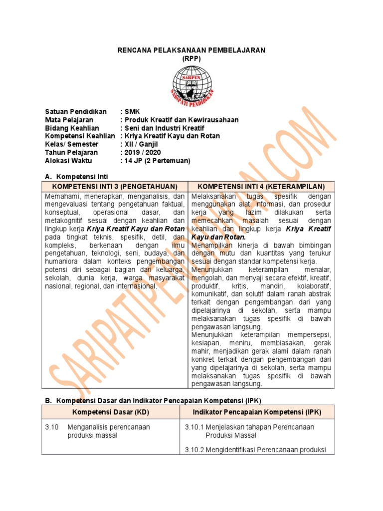RPP Produk Kreatif Kewirausahaan Teknik Kendaraan Ringan 12 SMK ...