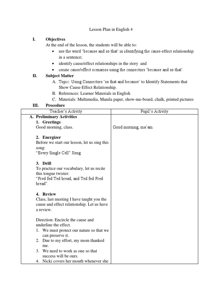 English Lesson on Cause and Effect | PDF | Lesson Plan | Causality