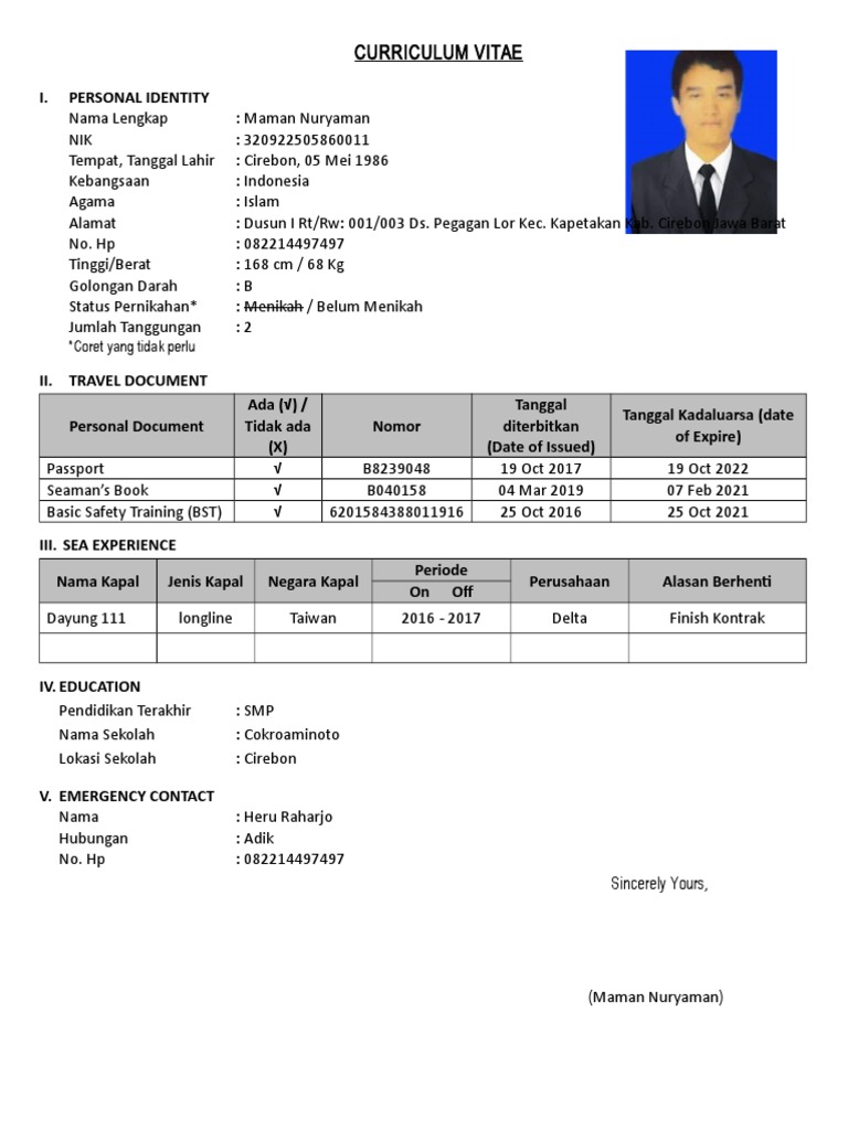 FORM CV Pelaut | PDF