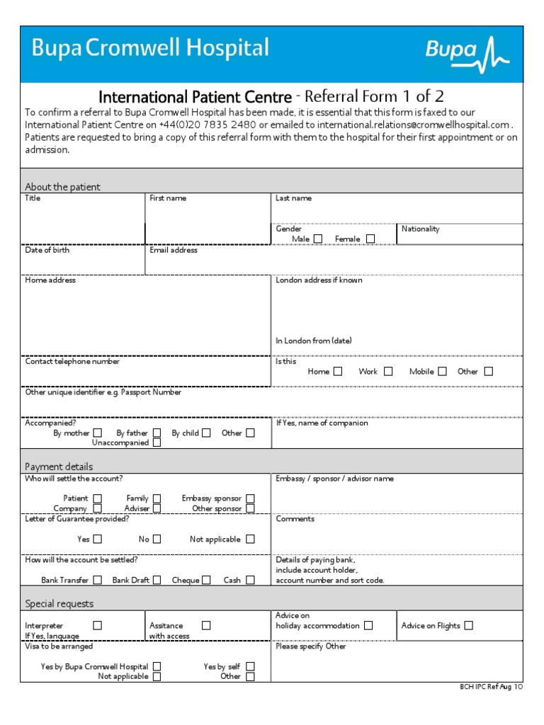 Bupa Cromwell Hospital in Eferral Form 2010 08 | PDF | Medical Record ...