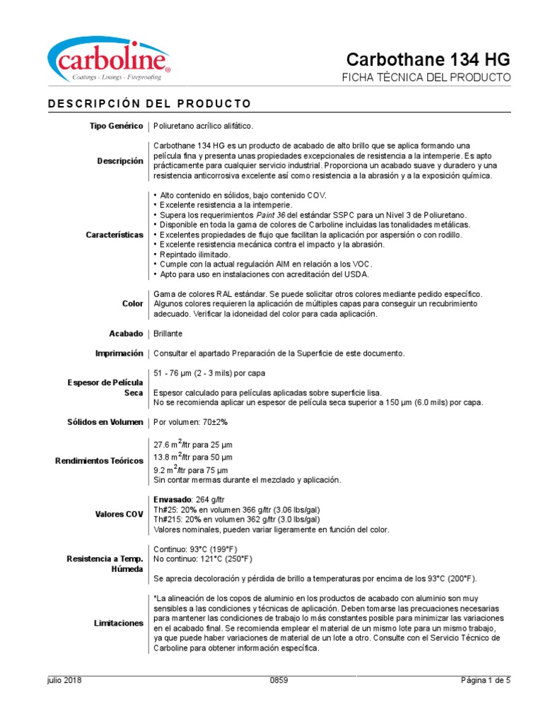 Carbothane 134 HG PDS | PDF | Revestimiento | Humedad relativa