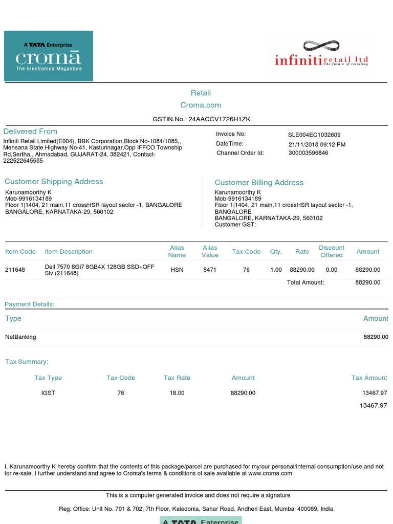 Dell Laptop Invoice and Delivery Details | PDF | Invoice | Business
