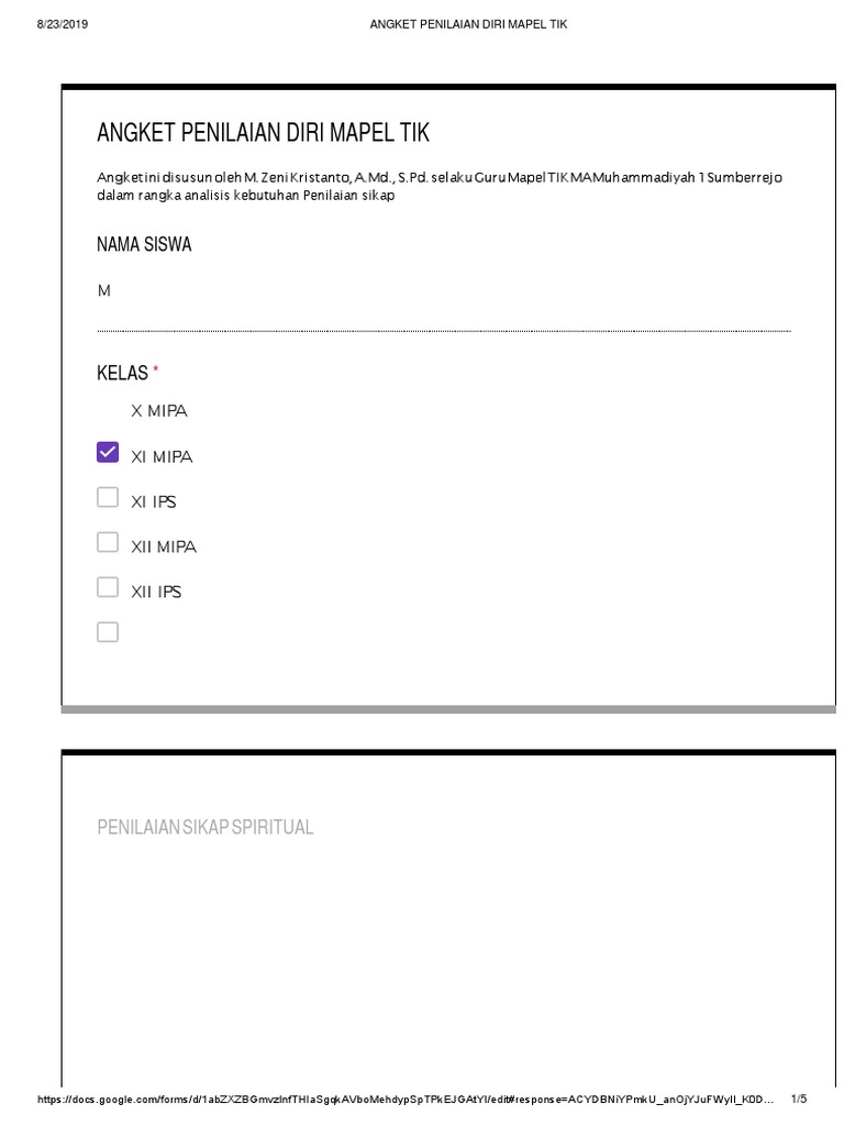 ANGKET PENILAIAN DIRI MAPEL TIK - Google Formulir | PDF