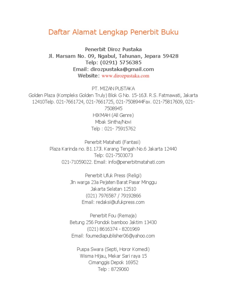 Daftar Alamat Lengkap Penerbit Buku | PDF