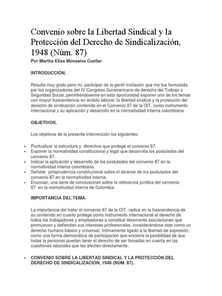 Convenio Sobre La Libertad Sindical y La Protección Del Derecho de Sindicalización | Descargar ...