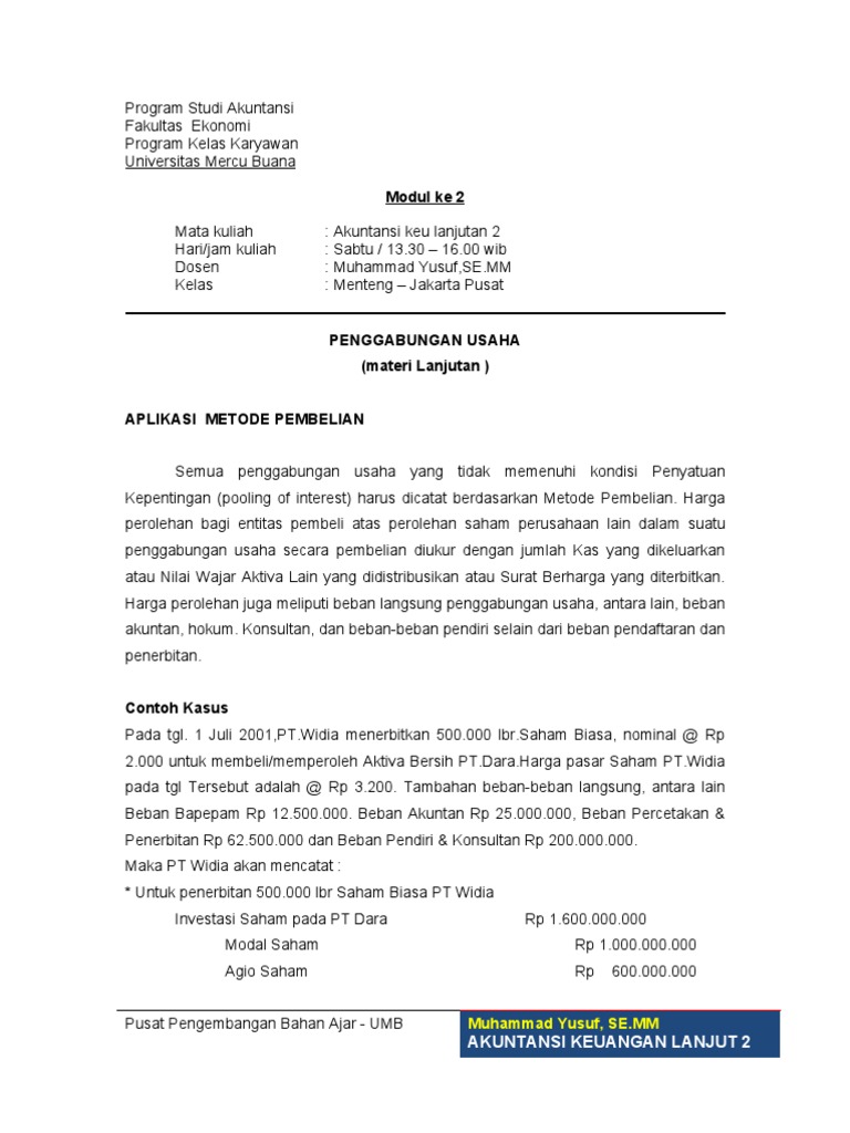 Contoh Soal Dan Jawaban Akuntansi Keuangan Lanjutan 2 Penggabungan Usaha - Ilmu Soal