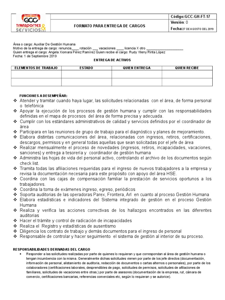 Formato Entrega de Cargo para Codificar | PDF | Salario | Business