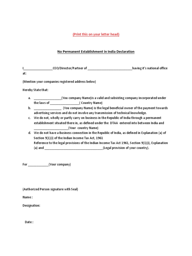 No PE in India Declaration | PDF