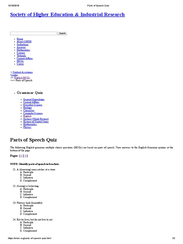 Parts of Speech Quiz | PDF | Part Of Speech | English Grammar