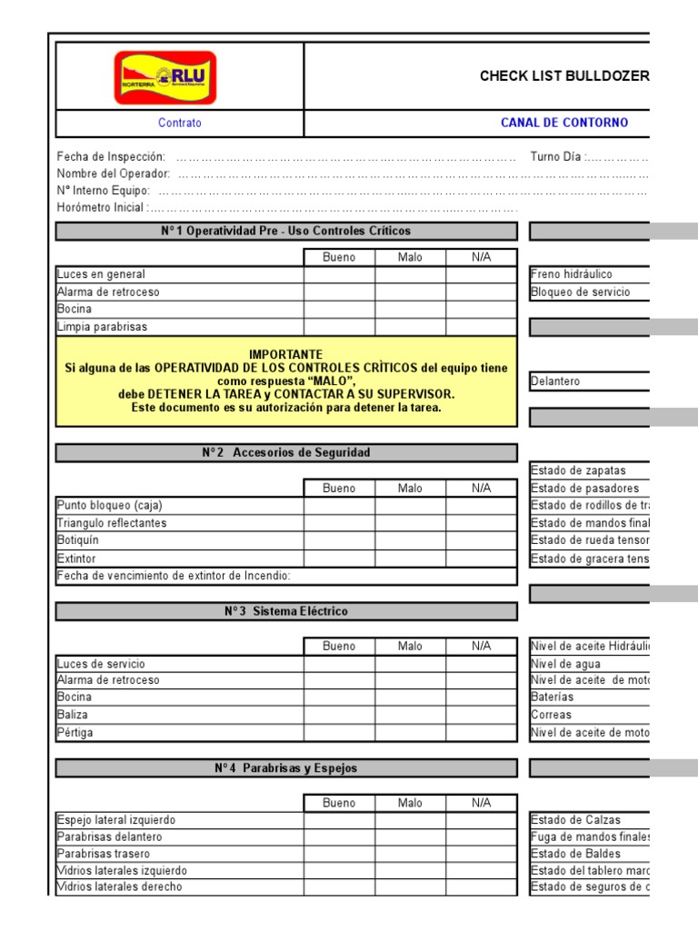 Checklist de Inspección de Bulldozer | PDF | Tecnologías automotrices ...