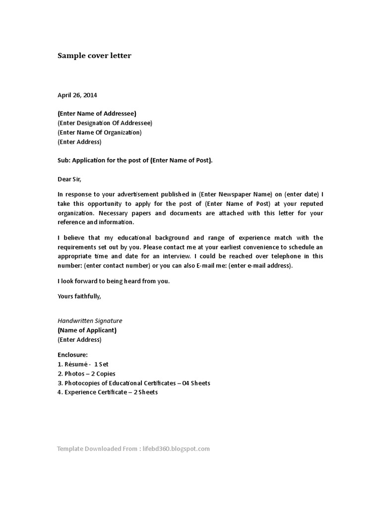 Sample Cover Letter: (Enter Name of Addressee) | PDF