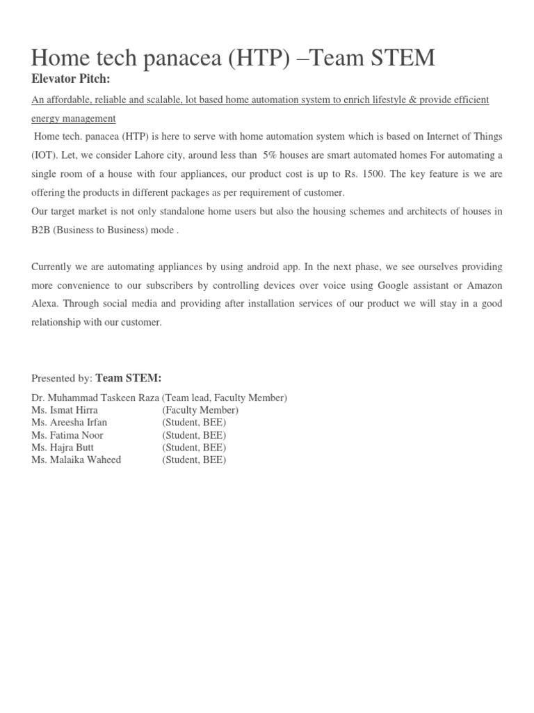 Home Tech Panacea (HTP) - Team STEM: Elevator Pitch | PDF
