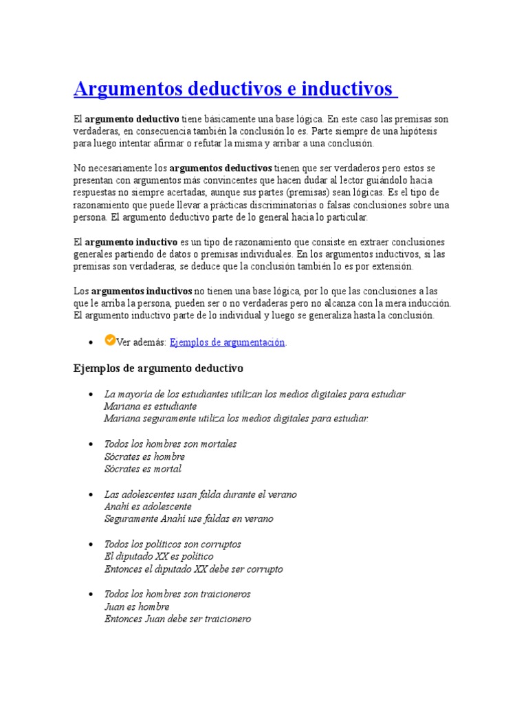 Argumentos Deductivos e Inductivos | PDF | Argumento | Razonamiento inductivo