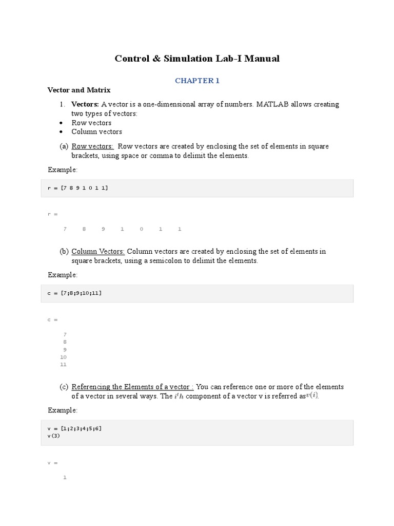 Control & Simulation Lab-I Manual: Vector and Matrix | PDF | Matrix ...