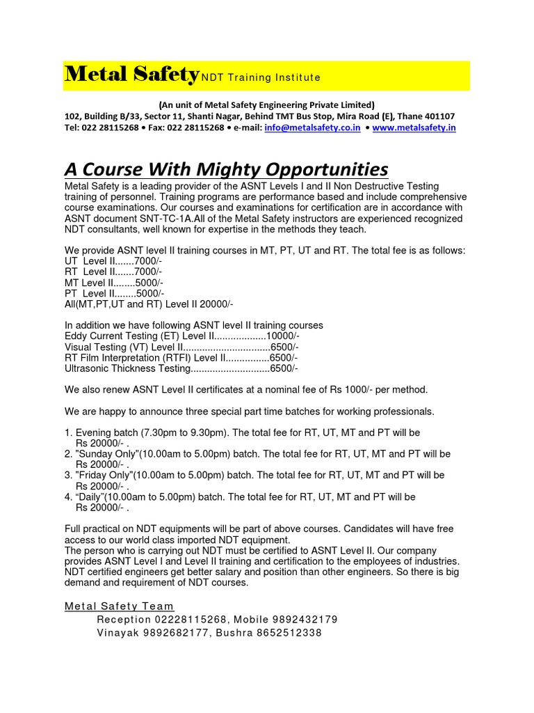 NDT Level II Course Fees in Hyderabad | PDF | Technology & Engineering