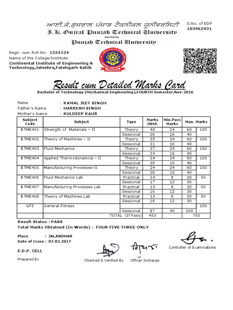Bachelor of Technology (Mechanical Engineering), FOURTH Semester, Nov ...