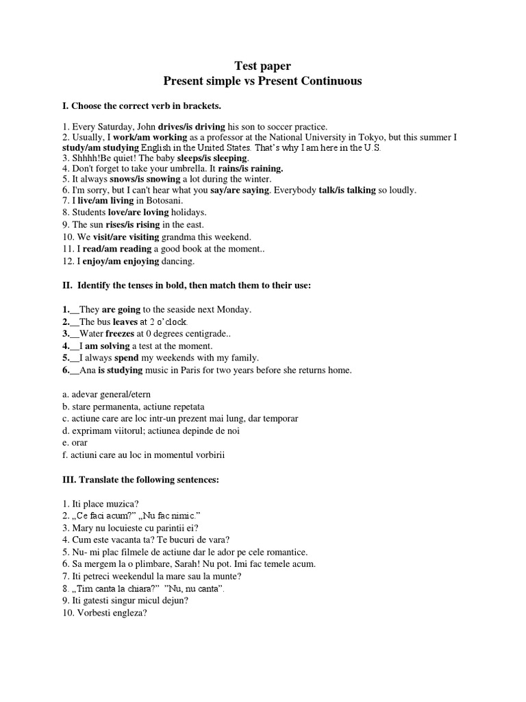 Present Simple Vs Present Continuous Test Paper-1 | PDF | Syntax ...