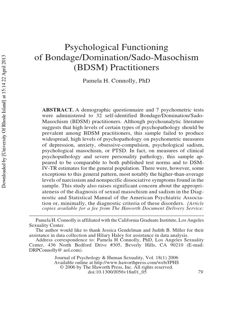 Psychological Functioning of Bondage/Domination/Sado-Masochism (BDSM ...