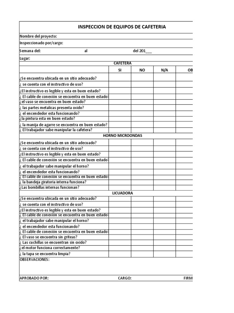 Inspeccion Equipos de Cafeteria | PDF