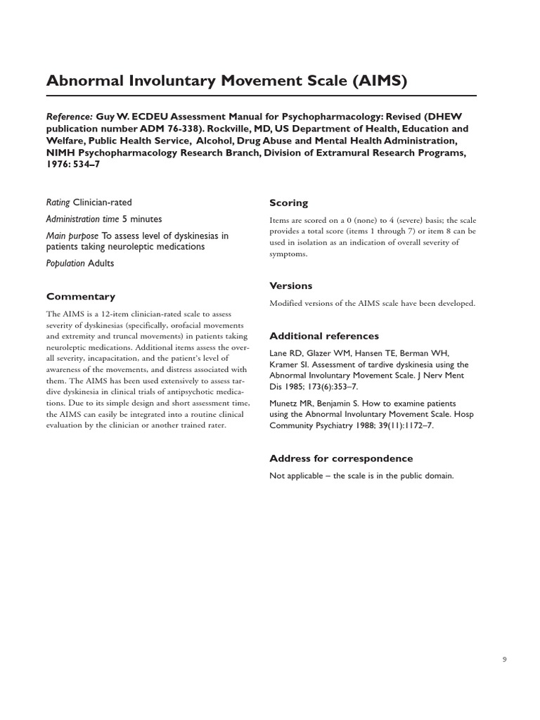 AIMS. Scales-Abnormal-Involuntary-Movement-Scale PDF | PDF | Anatomical ...