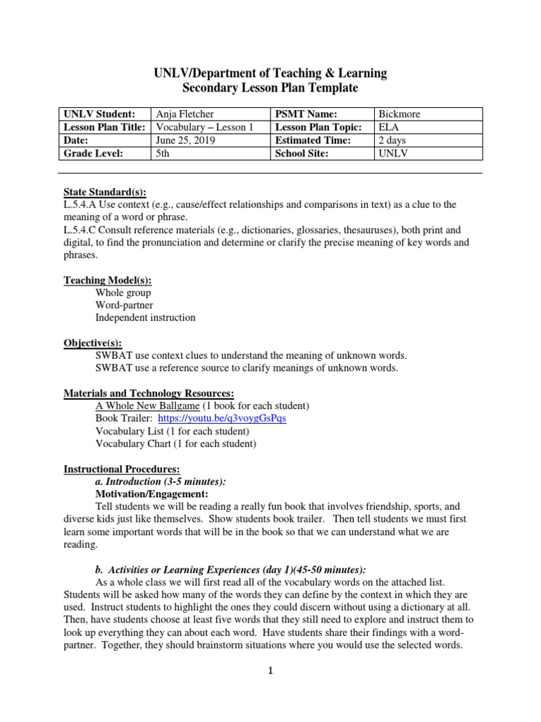 UNLV/Department of Teaching & Learning Secondary Lesson Plan Template ...