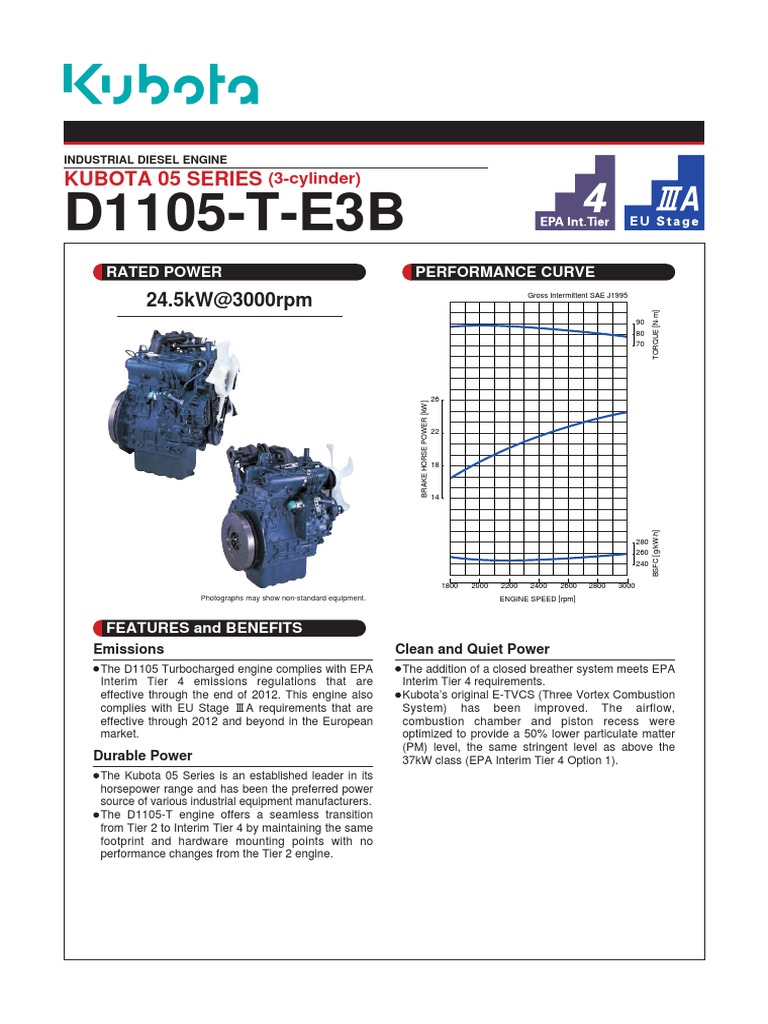 Kubota 05 Series d1105 T E3b Specifications | PDF | Horsepower | Engines