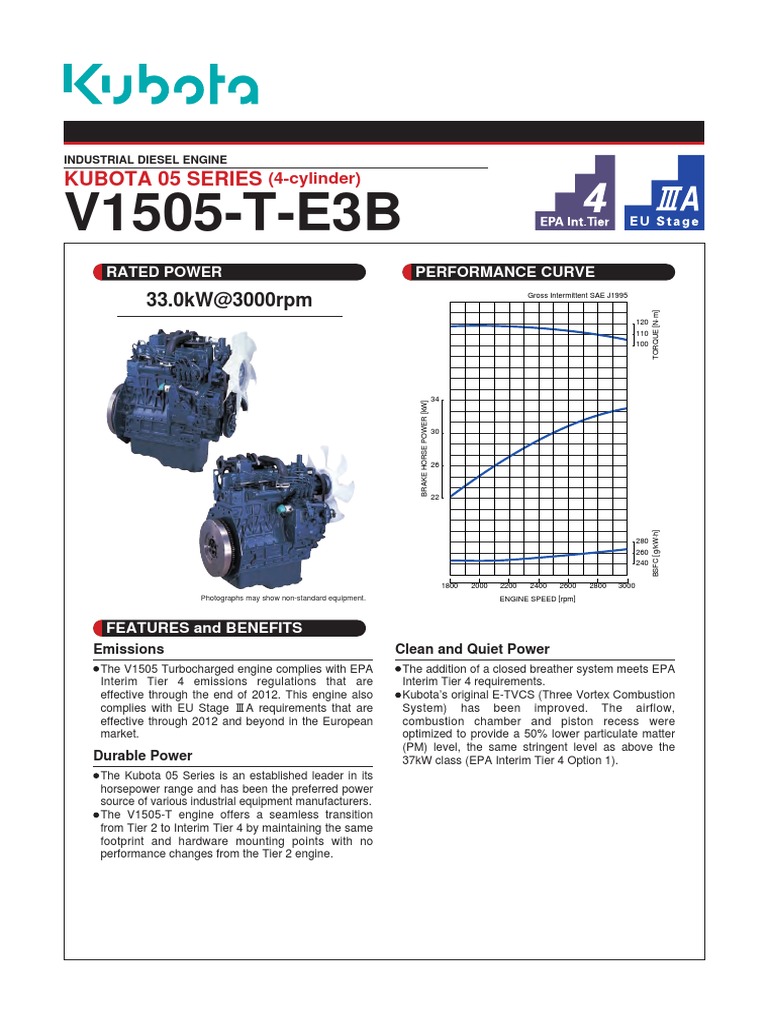 Kubota 05 Series v1505 T E3b Specifications | PDF | Engines | Horsepower