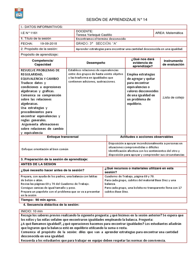Sesión de Aprendizaje N14-Set-2018 | PDF | Balanza | Aprendizaje