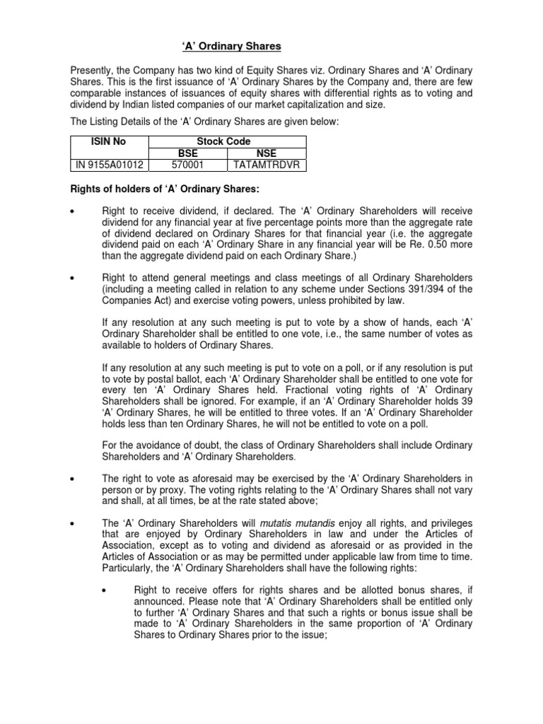 Overview of 'A' Ordinary Shares Rights | PDF