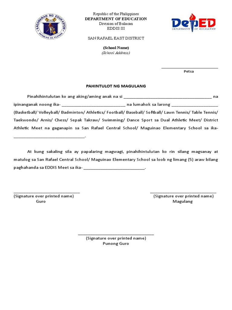 Pahintulot Ng Magulang: Department Of Education