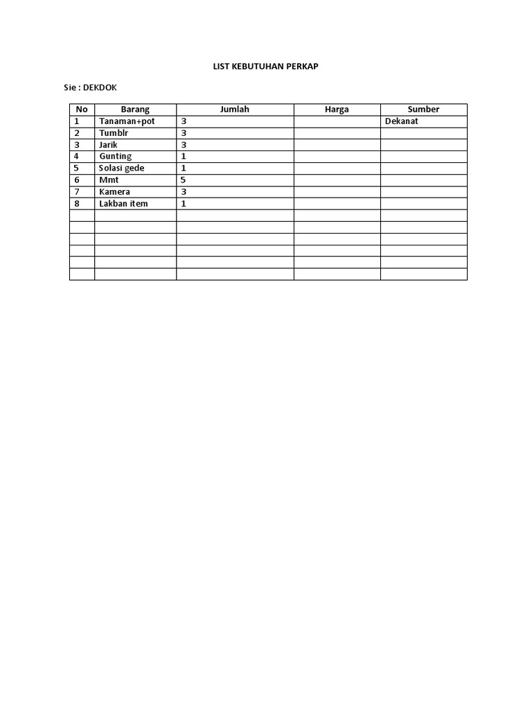 List Kebutuhan Dekdok | PDF | Griya & Taman | Sains & Matematika