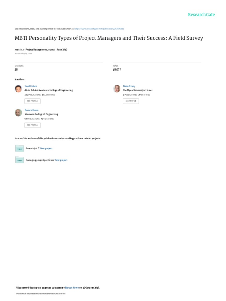MBTI Personality Types of Project Managers and Their Success: A Field ...