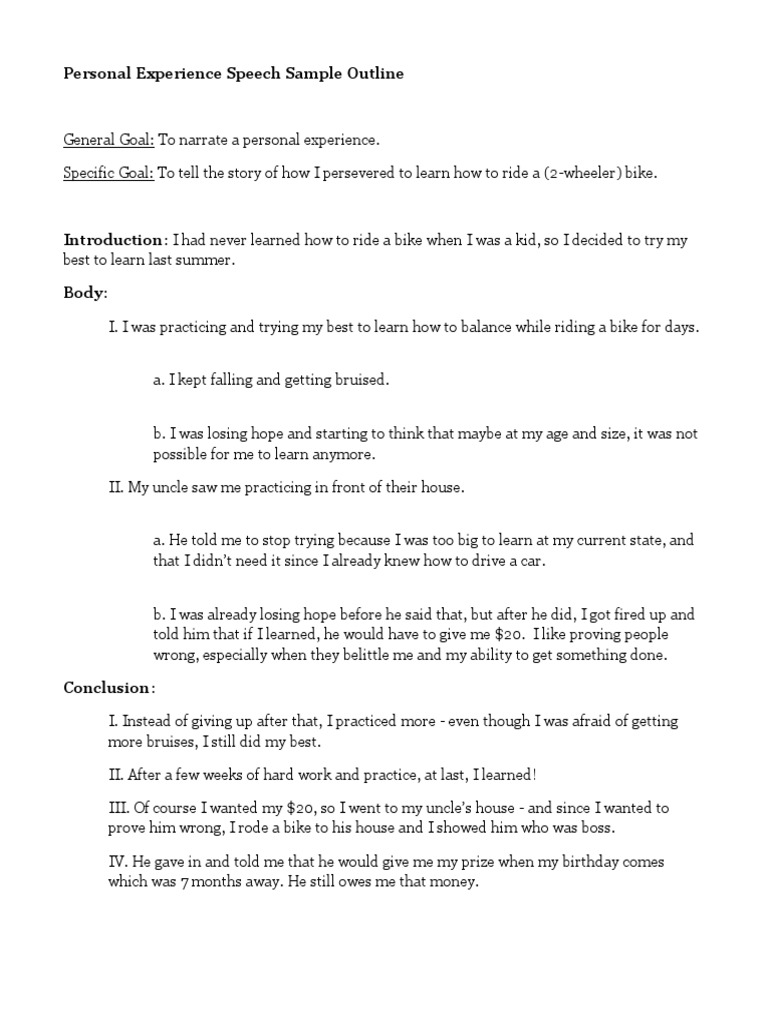 Personal Experience Speech Sample Outline | PDF