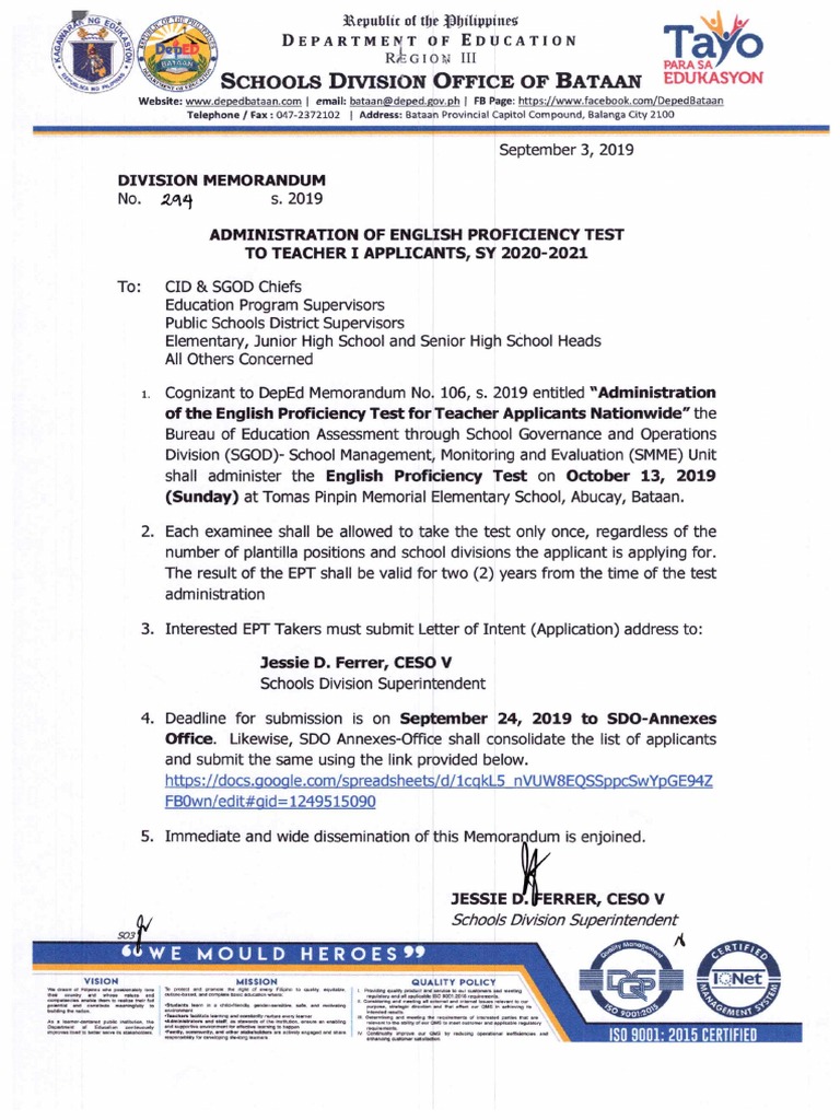 Division Memorandum No 294 S. 2019 | PDF