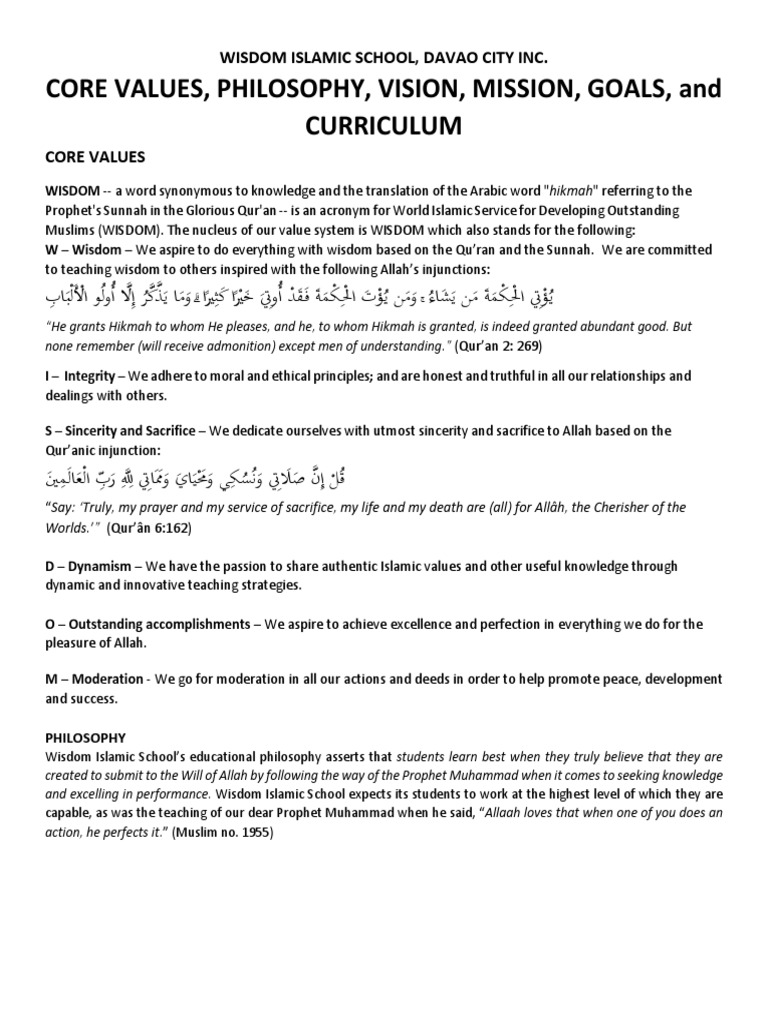 Providing Quality Islamic Education: The Core Values, Philosophy ...