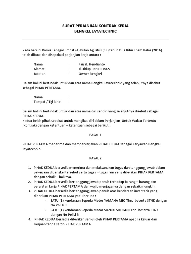 Surat Perjanjian Kontrak Kerja | PDF