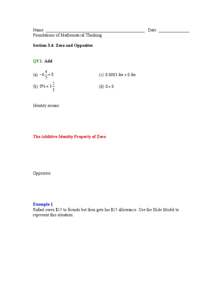 Section 3.4: Zero and Opposites: The Additive Identity Property of Zero ...