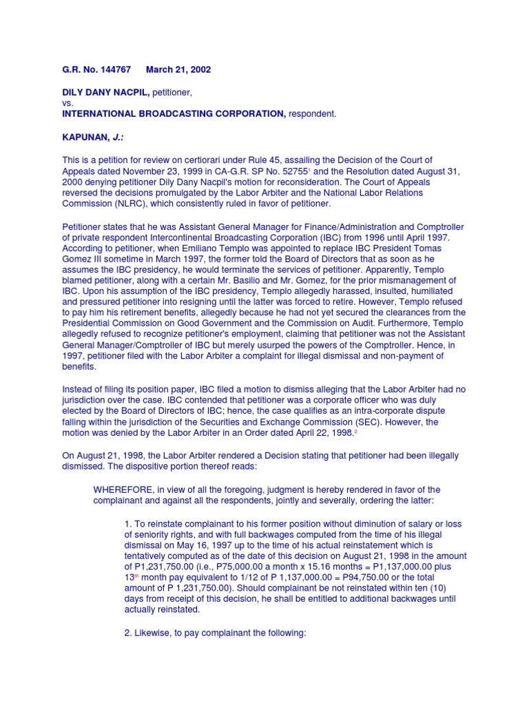 G.R. No. 144767 (Nacpil v. IBC) Full Case | Download Free PDF | Board ...