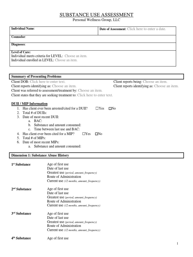 Substance Use Assessment: Click Here To Enter A Date | PDF | Substance ...