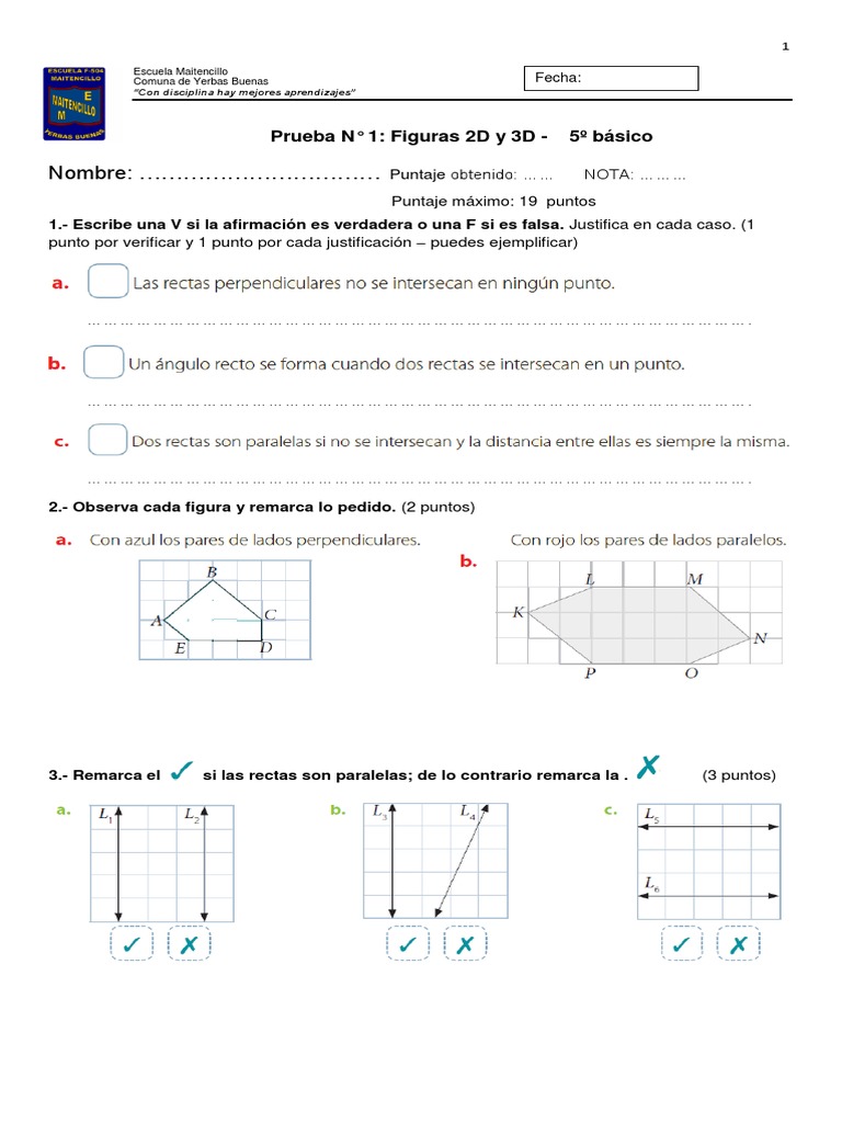 PRUEBA 1 - 2° Semestre - FIGURAS 2D Y 3D - 5º Básico - (02-08-19) | PDF