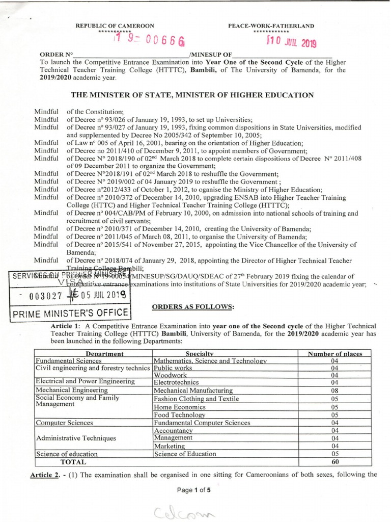 ENSET Bambili 2019 - 1ere Annee Du 2nd Cycle - en | PDF | Academic ...