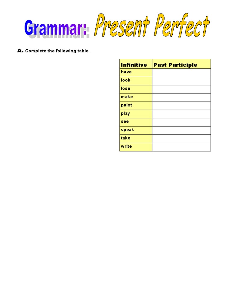 A. Infinitive Past Participle: Complete The Following Table | PDF ...