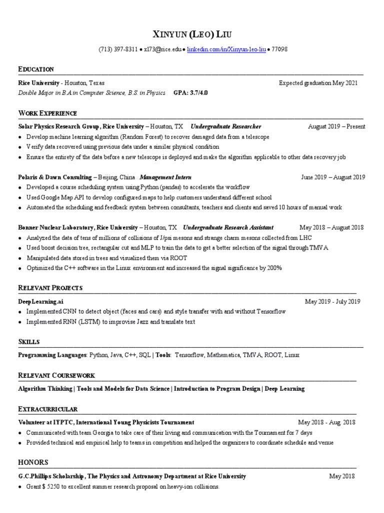 Resume - Xinyun-Liu - Rice-University (F19) 2021 PDF | PDF | Computer ...